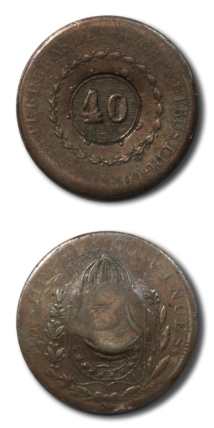 Brazil 40 Reis Counterstamped 1835 Host Coin 1829 B Pedro I 80 Reis VG ...